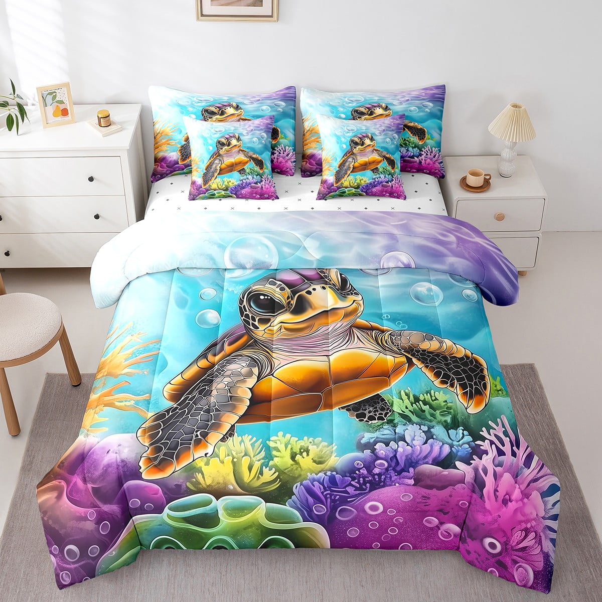 Erosebridal Sea Turtle Comforter Set Queen 7 Pcs Cute Ocean Animal Sea ...