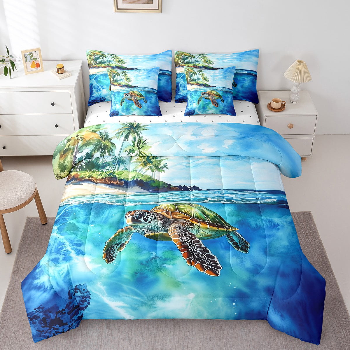 Erosebridal Sea Turtle Comforter Set Twin Size 7 Pieces Palm Tree Ocean ...