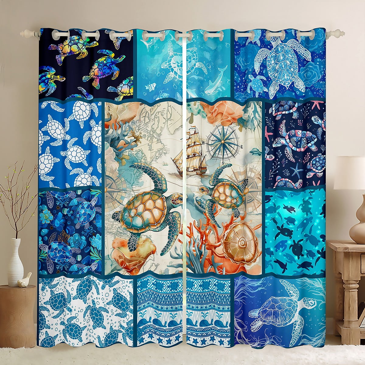Erosebridal Sea Turtle Curtains and Drapes (52x63), Vintage Ocean Black Out Curtains, Patchwork ...
