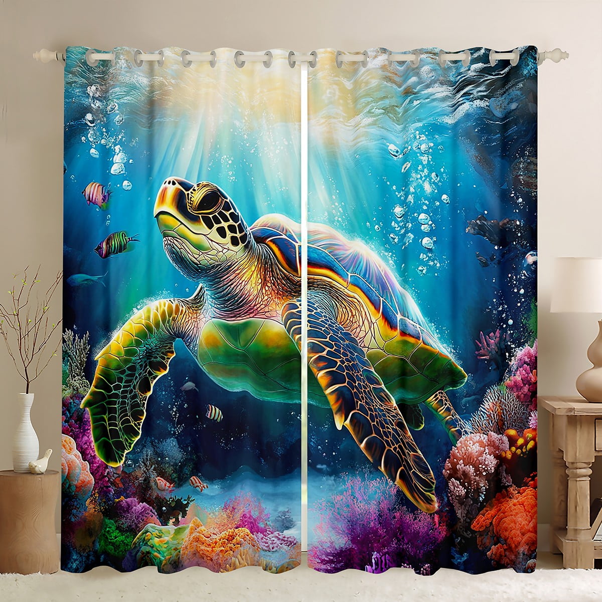 Erosebridal Sea Turtle Curtains for Living Room, Underwater World 30% ...