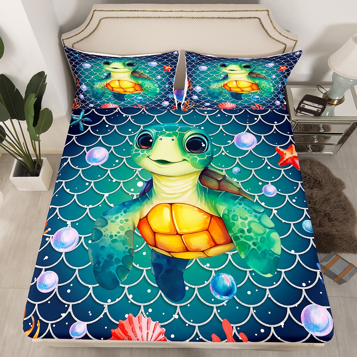 Erosebridal Sea Turtle Fitted Sheet Queen Size,Mermaid Tails for Girls ...