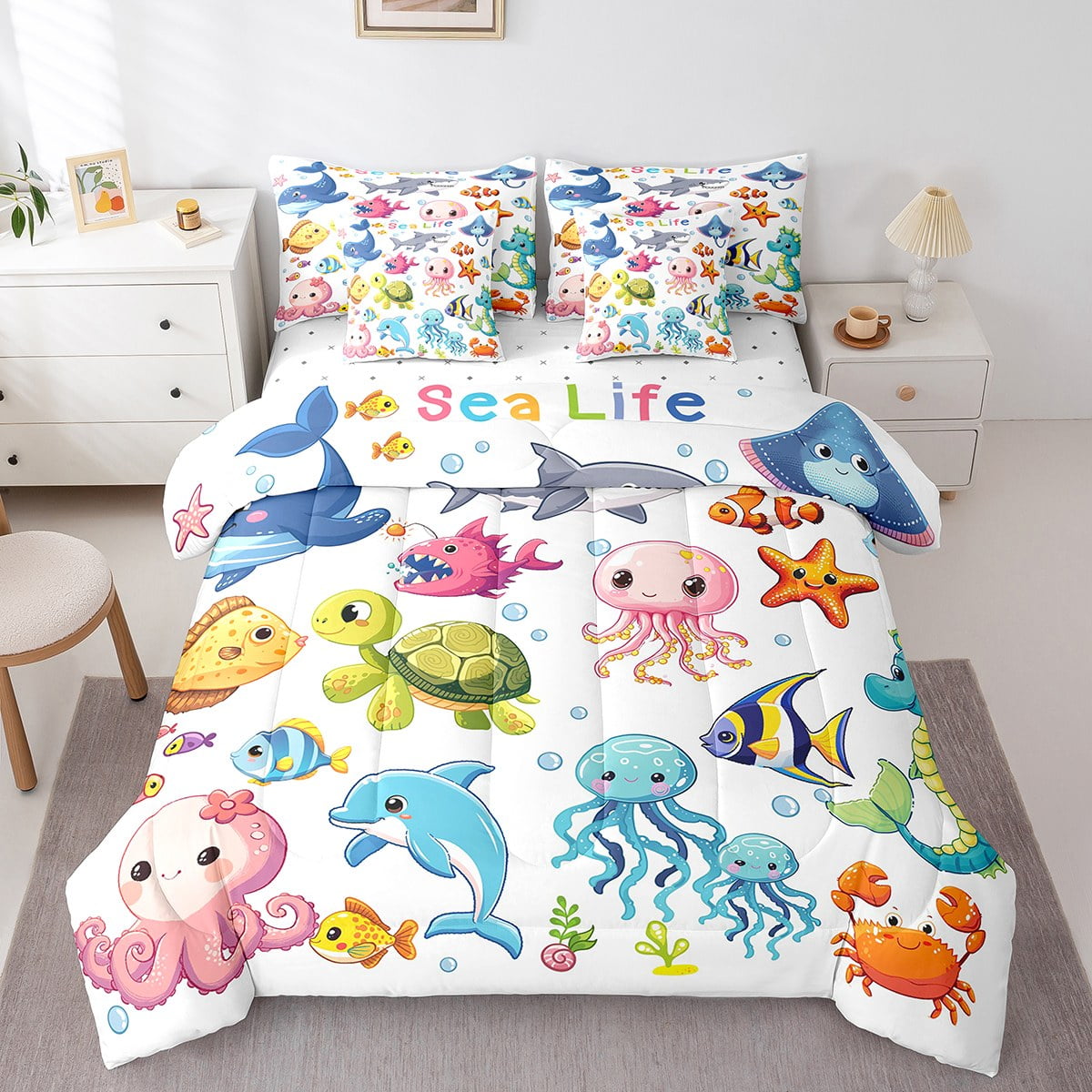 Erosebridal Sea Turtle Jellyfish Bed in a Bag Full size,Animal Dolphin Bed Set,Ocean Widlife ...