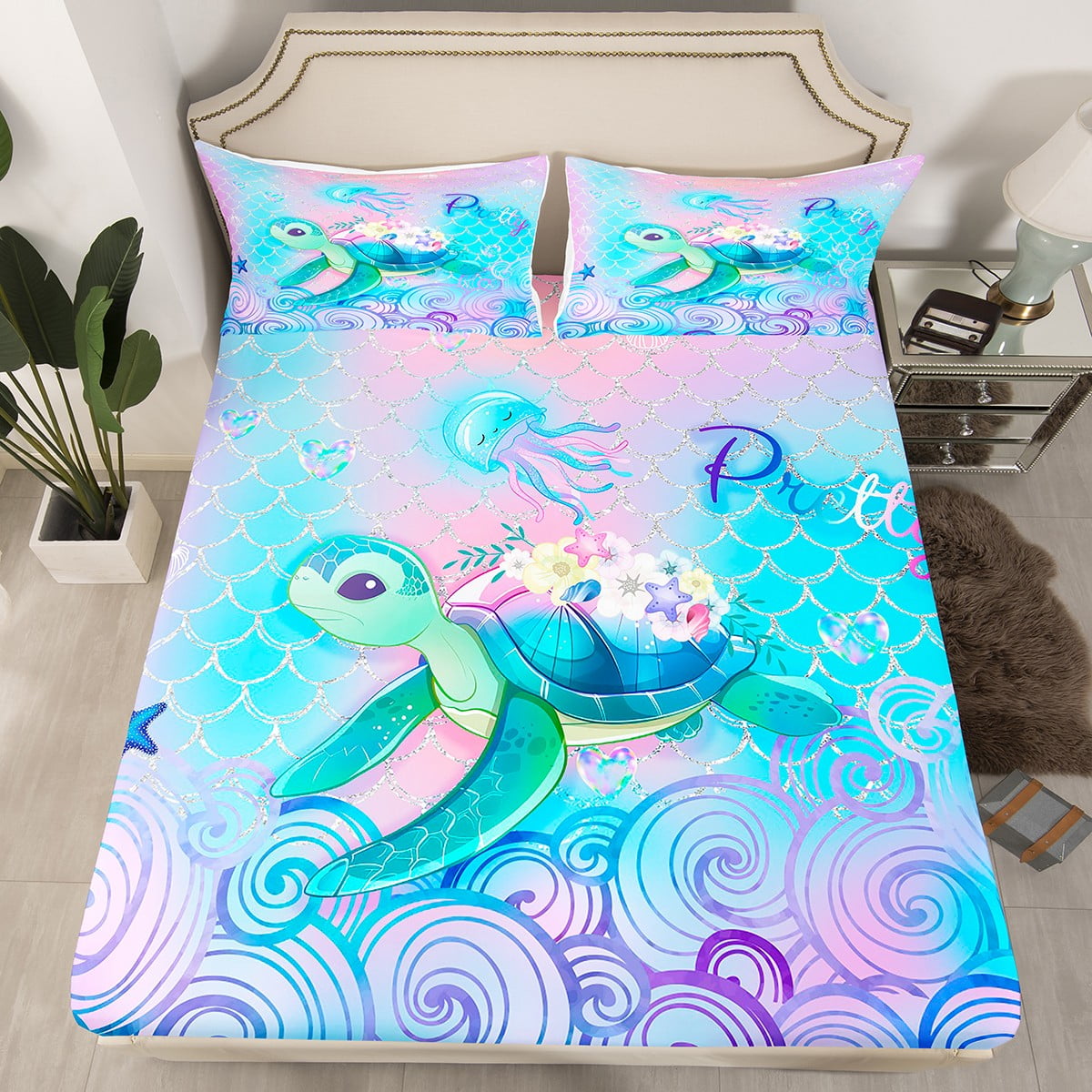 Erosebridal Sea Turtle Jellyfish Twin Fitted Sheet,Teal Purple Mermaid ...