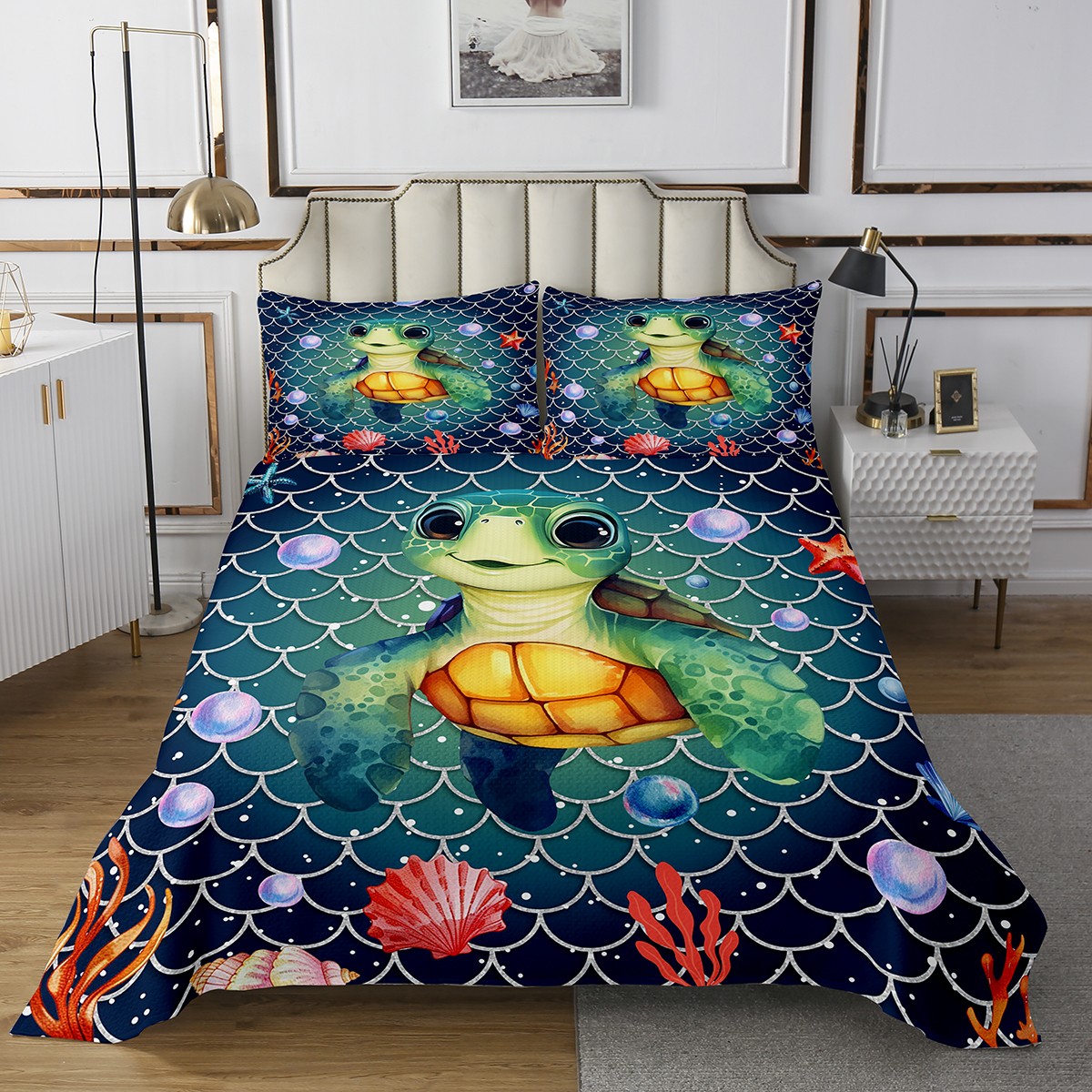 Erosebridal Sea Turtle Quilt Set King Size,Mermaid Tails Ocean Theme ...