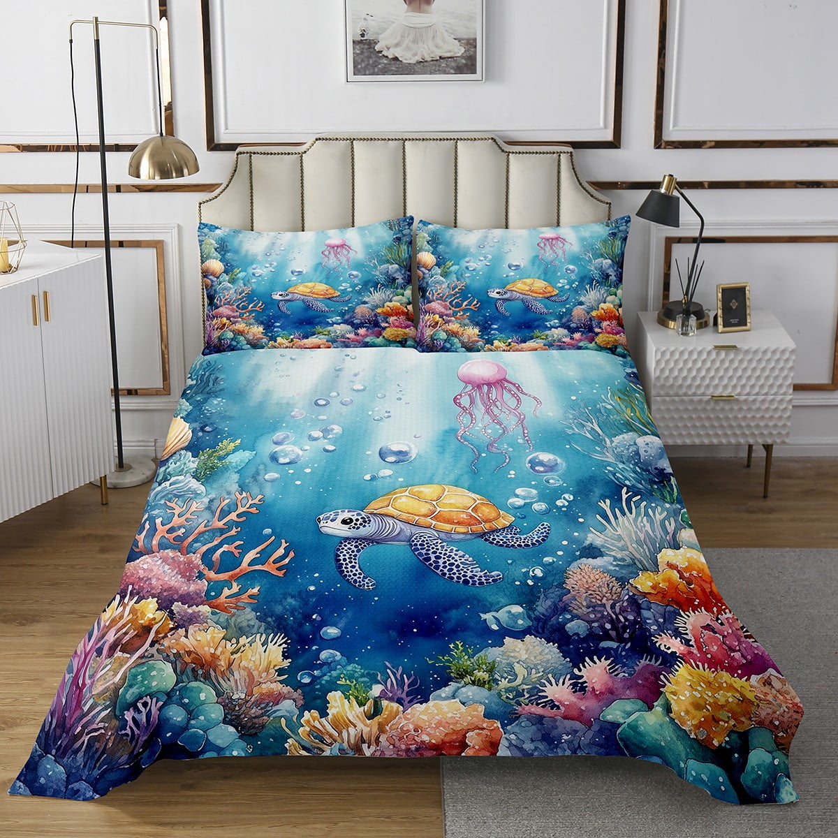 Erosebridal Sea Turtle Quilt Sets for Twin Size Bed, Jellyfish Sealife ...