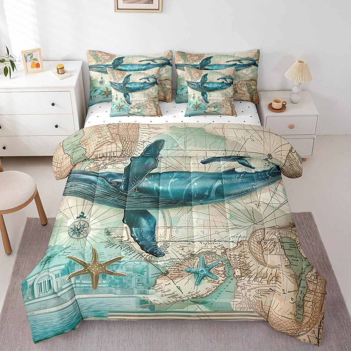 Erosebridal Sea Whale Bedding Sets King Size, Marine Nautical Theme Bed Set, World Map Print ...