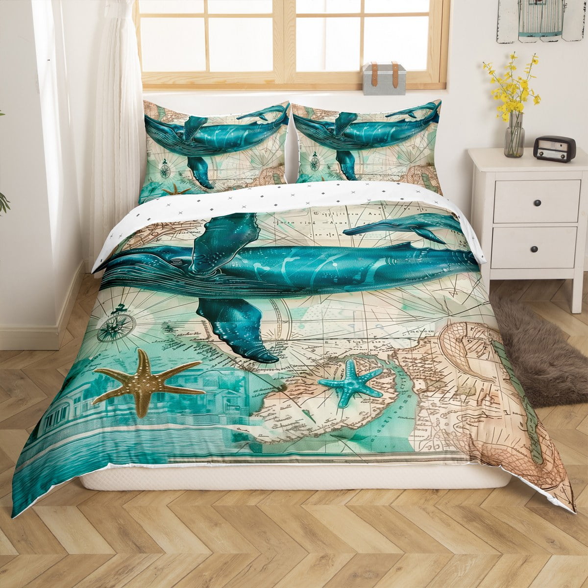 Erosebridal Sea Whale Duvet Cover , Marine Nautical Theme Bedding, World Map Print Decor ...