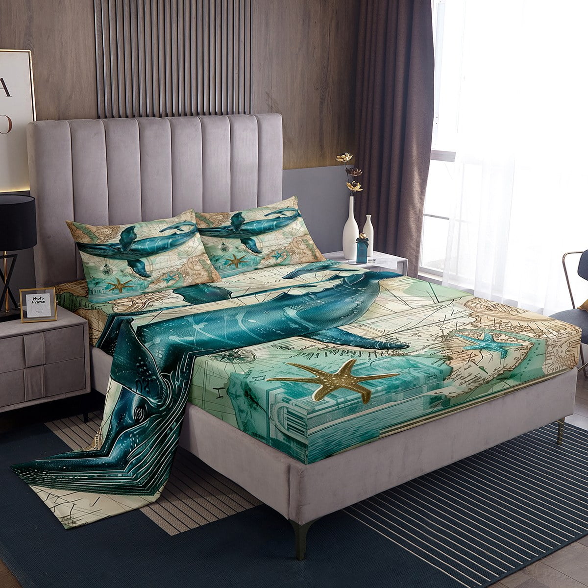 Erosebridal Sea Whale King Sheet Sets, Marine Nautical Theme Bedding Sets King Size, World Map ...