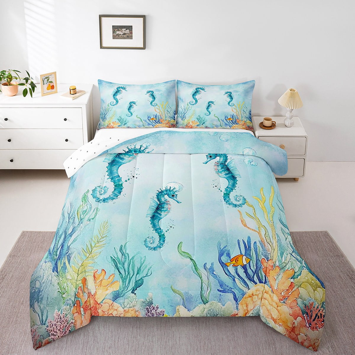 Erosebridal Sealife Seahorse Comforter Sets Queen Size,Sea Animal Bedding Queen Comforter Set ...