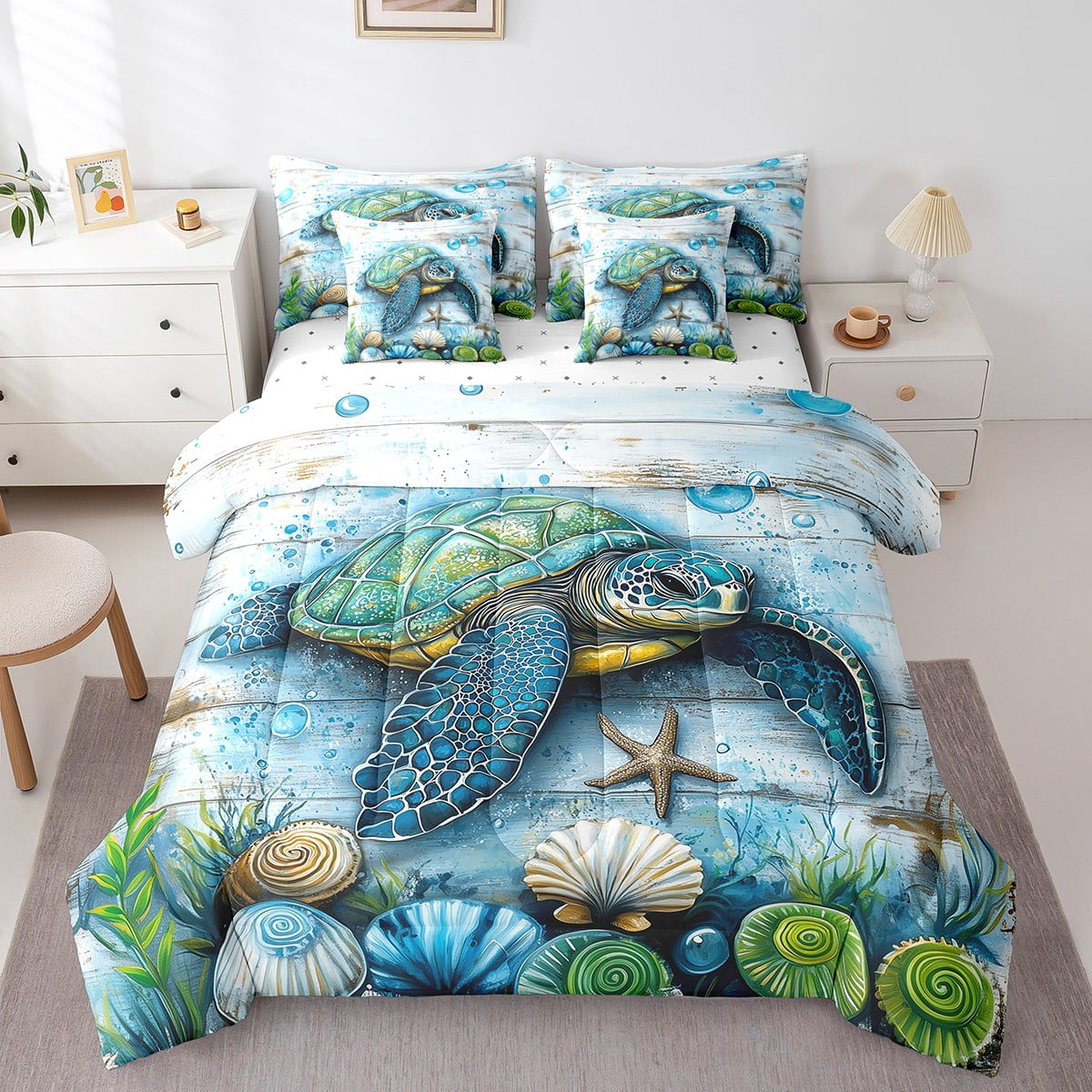 Erosebridal Sealife Turtle Bed in a Bag King size,Seashell Wooden ...