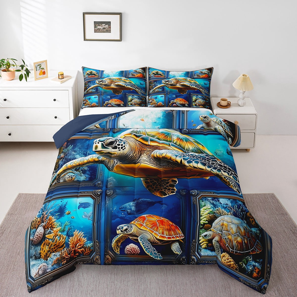 Erosebridal Sealife Turtle Comforter Sets Queen Size,Ocean Sea Bedding ...