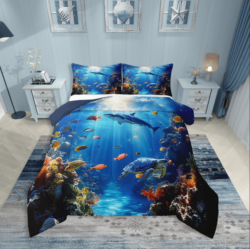 Erosebridal Sealife Turtle Shark Comforter Sets Queen Size,Underwater World Bedding Queen ...