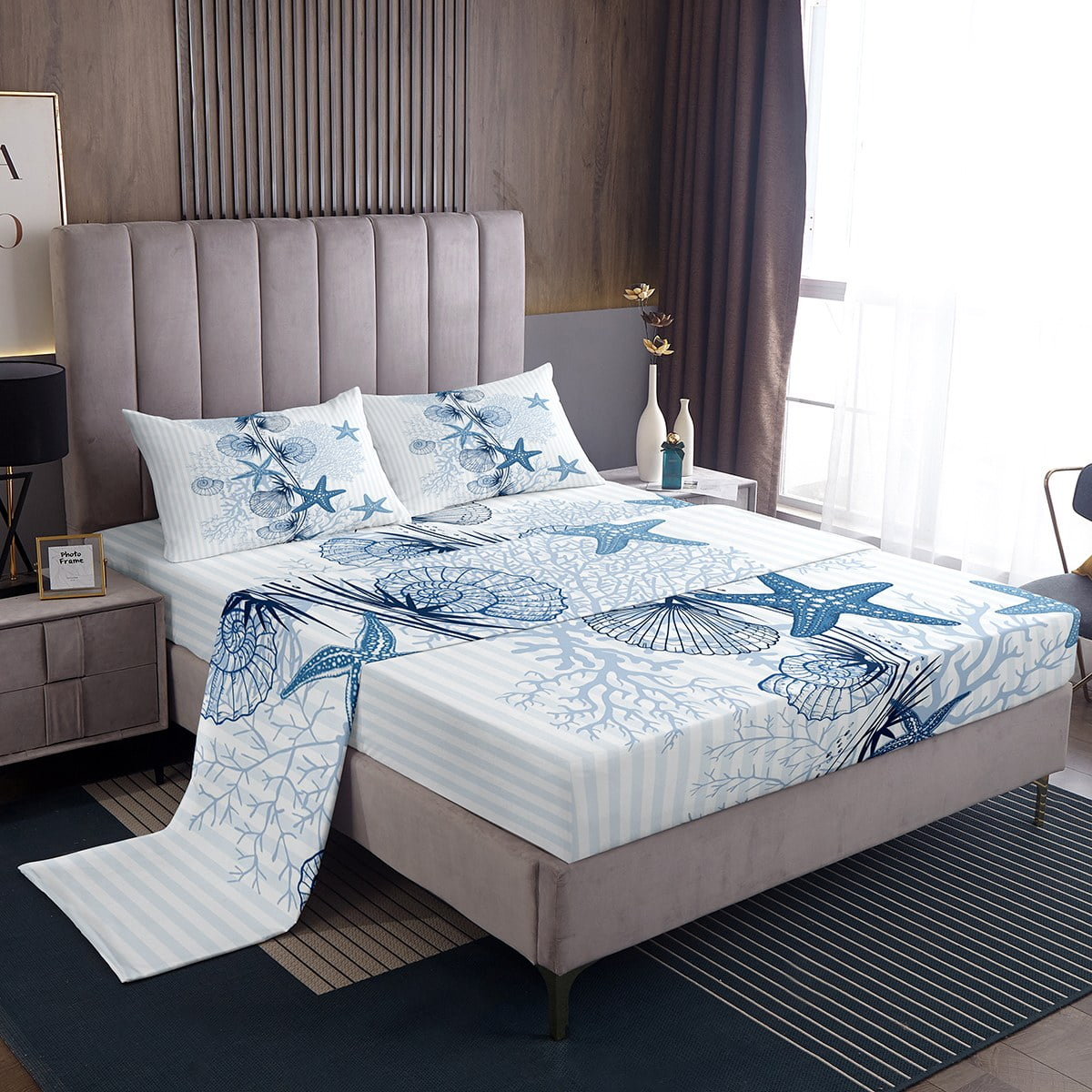 Erosebridal Seashell Starfish Full Sheet Sets,Geometric Stripes Bedding ...