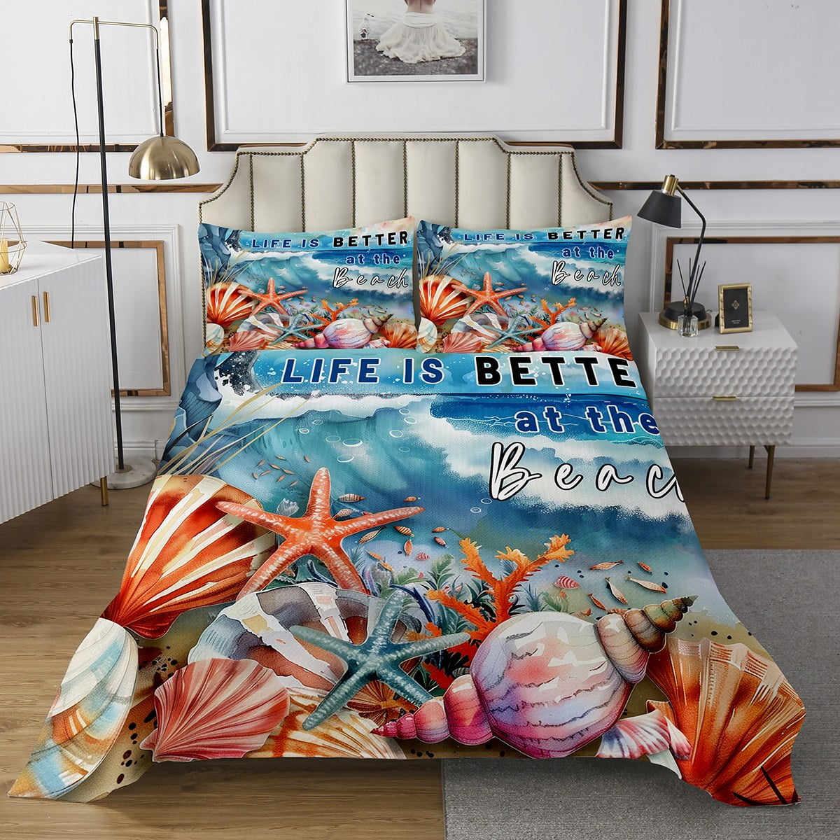 Erosebridal Seashell Starfish Quilt Sets for Queen Size Bed,Marine ...