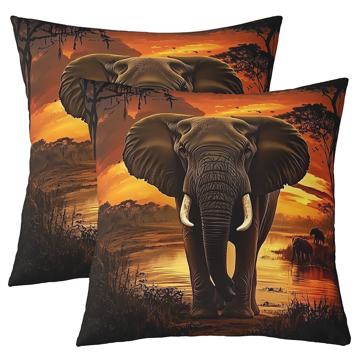 Erosebridal Set of 2 Elephant Throw Pillow Covers,Sunset Pillow Covers ...