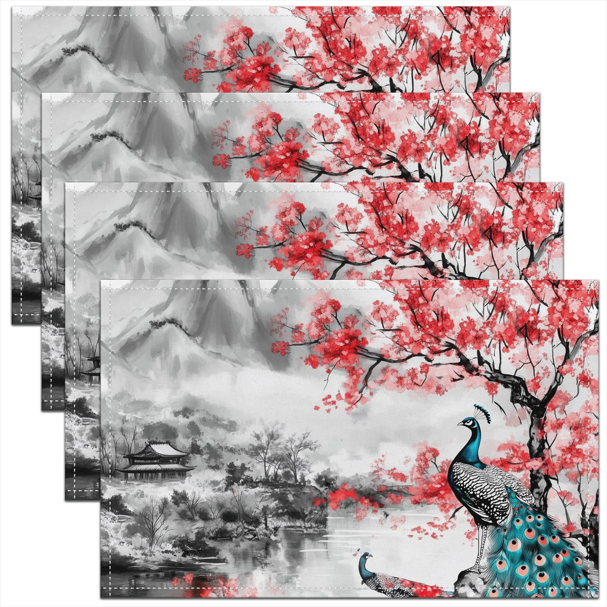 Erosebridal Set of 4 Japanese-Style 12X18 Place Mats Cherry Blossom ...
