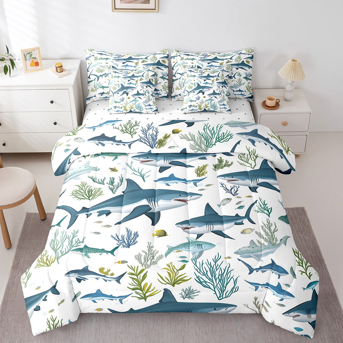 Erosebridal Shark Comforter Set Full Size 7 Pieces Fish Ocean Creature ...