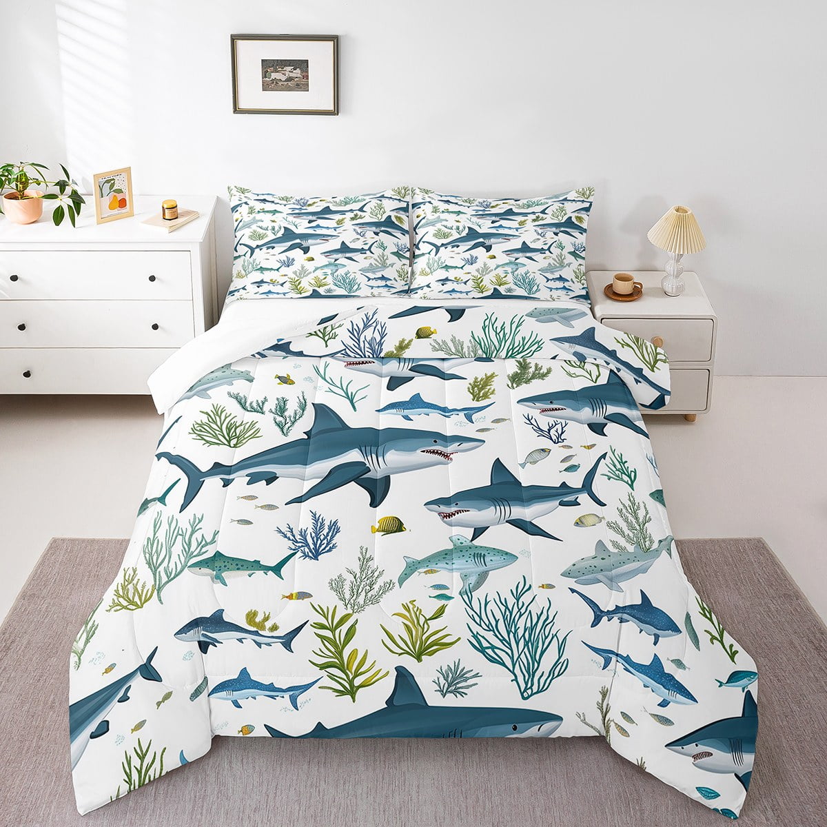 Erosebridal Shark Comforter Set Full Size Fish Bedding Set Kids Boys ...