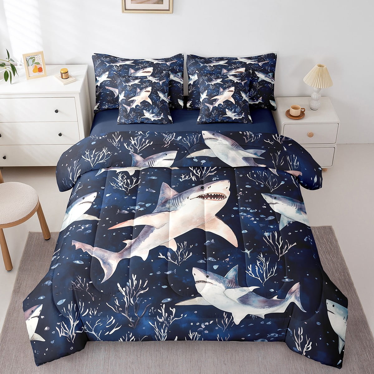 Erosebridal Shark Comforter Set King Size 7 Pieces Ocean Sea Animal Sea ...