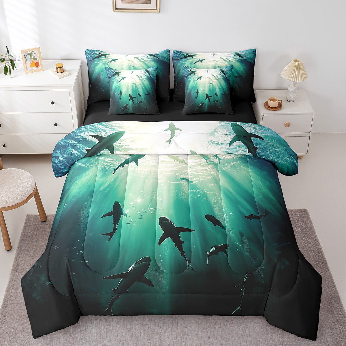 Erosebridal Sharks Comforter Set Full 7 Pcs Ocean Animals Boys Girls Sea Creatures Theme Bedding ...
