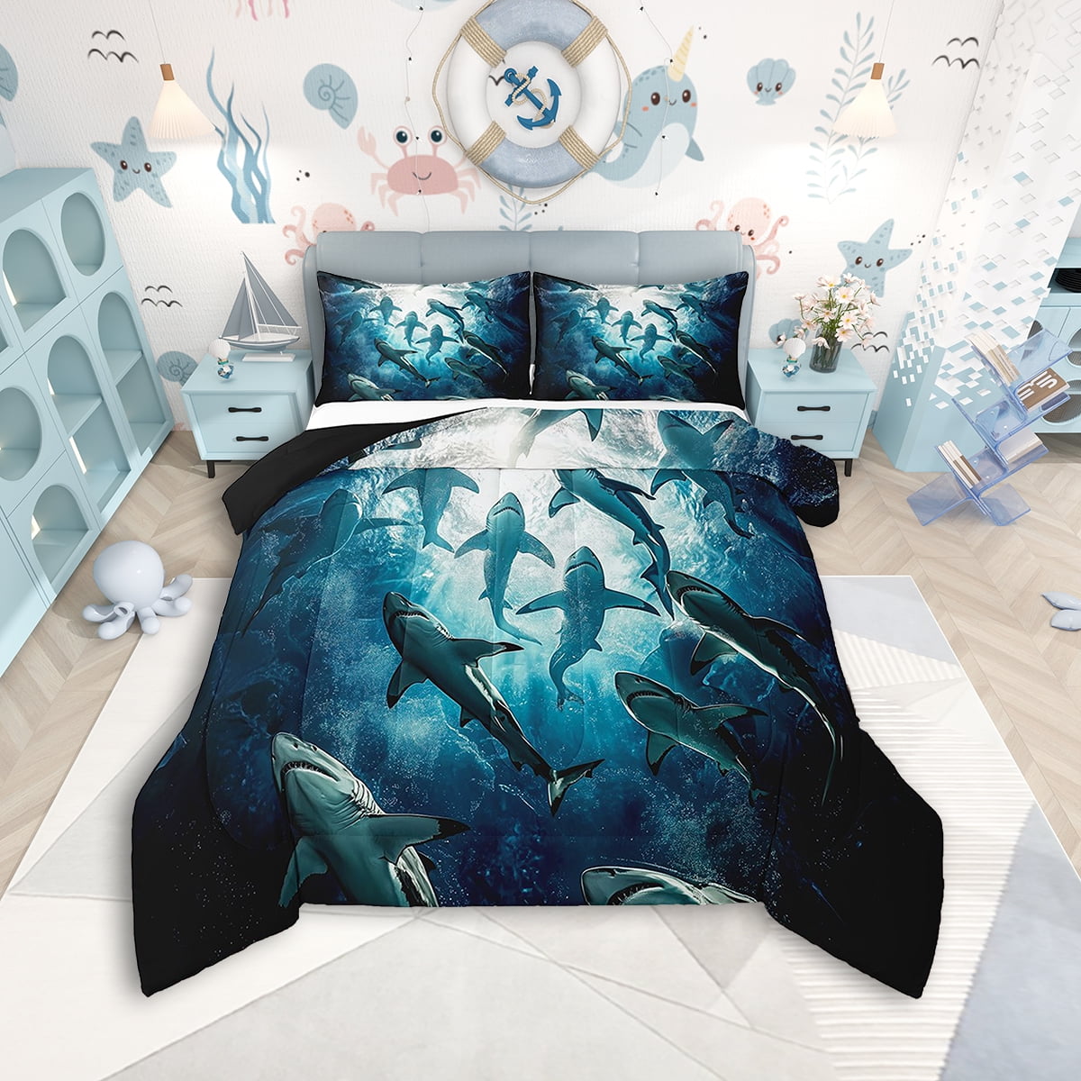 Erosebridal Sharks Comforter Set King Size Ocean Animal Bedding Set Sea ...