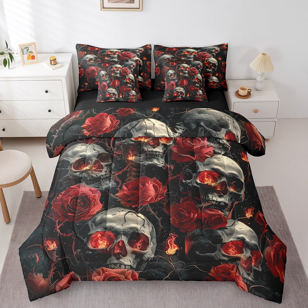 Erosebridal Skeleton Bedding Full Size for Teens, Romantic Rose Bed in ...