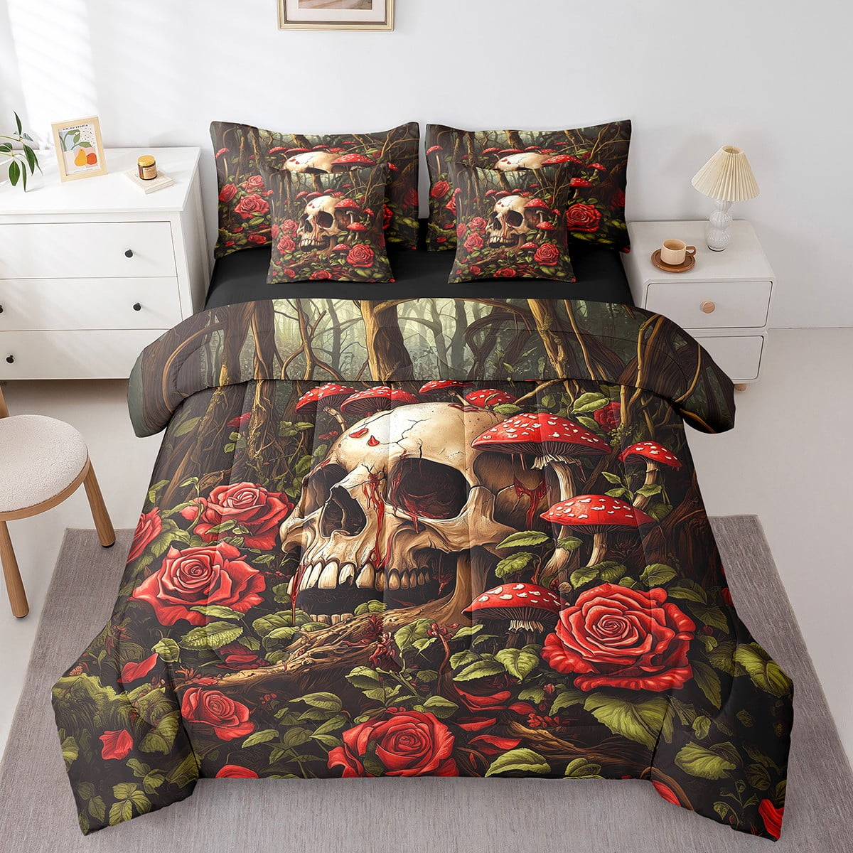 Erosebridal Skeleton Skull Bed in a Bag King size, Jungle Rose Bed Set ...