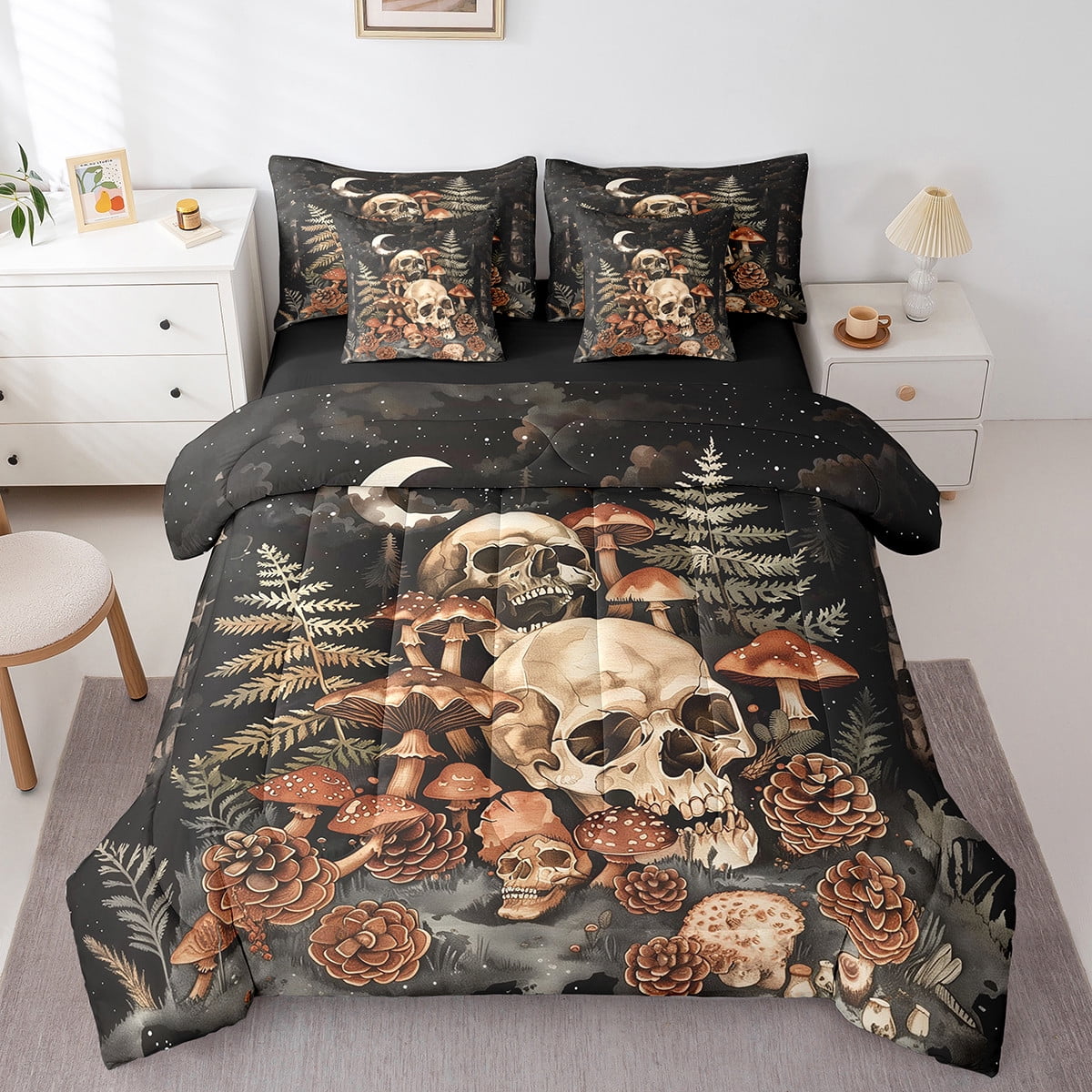 Erosebridal Skull Skeleton Bedding King Size, Jungle Mushroom Daisy Bed ...