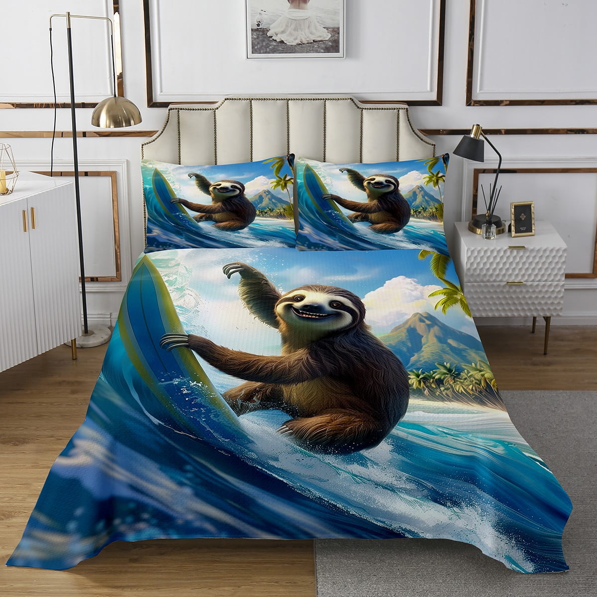 Erosebridal Sloth Surfing Quilt Sets for Queen Size Bed,Kawaii Wildlife ...