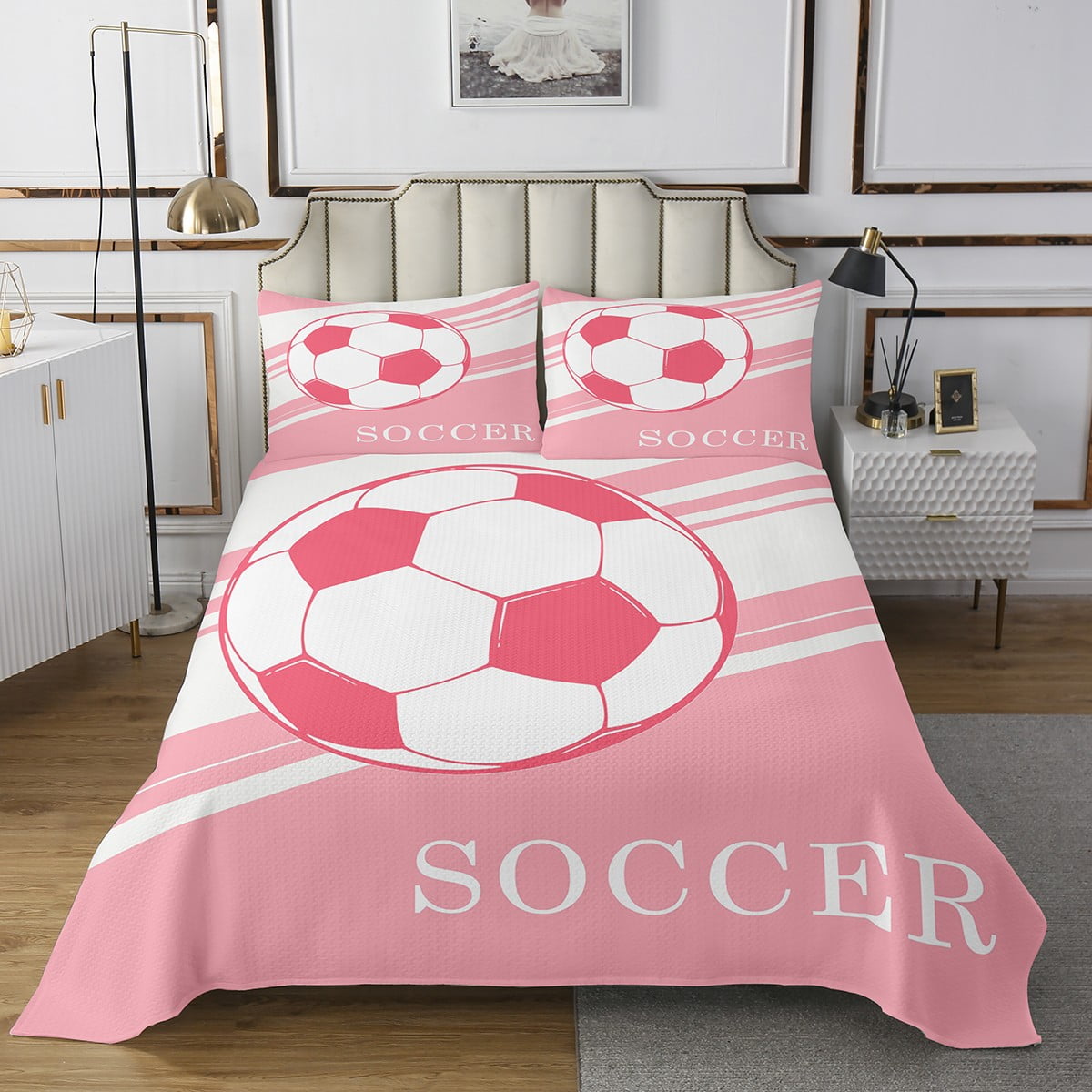 Erosebridal Soccer Bedspread Twin Size Football Coverlet Set Pink White ...