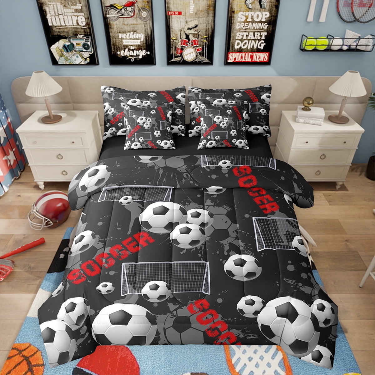 Erosebridal Soccer Comforter 7 Pieces Bed In A Bag Queen Size Football ...