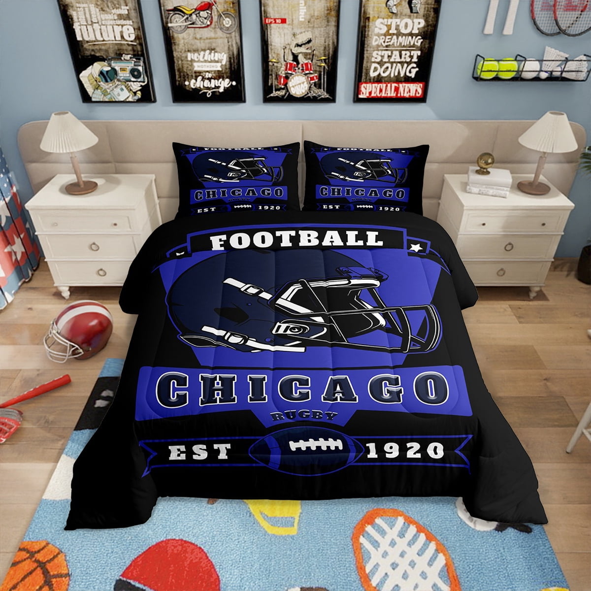 Erosebridal Soccer Sports Comforter Sets Full Size , Black Navy 3pcs ...