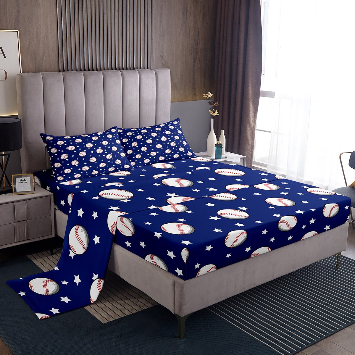 Erosebridal Sport Baseball Bed Sheets Set Queen Size,Blue White Bedding ...