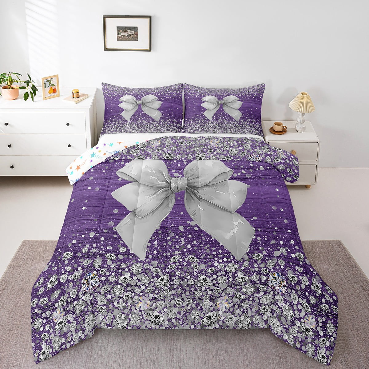 Erosebridal Bow Bowknot Comforter Sets Queen Size,Purple Grey Bedding ...