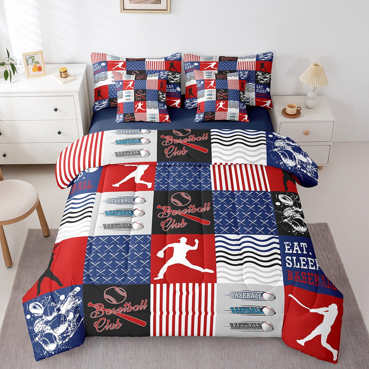 Erosebridal Sports Bed In A Bag Twin Size,Baseball Bed Set,Red Blue ...