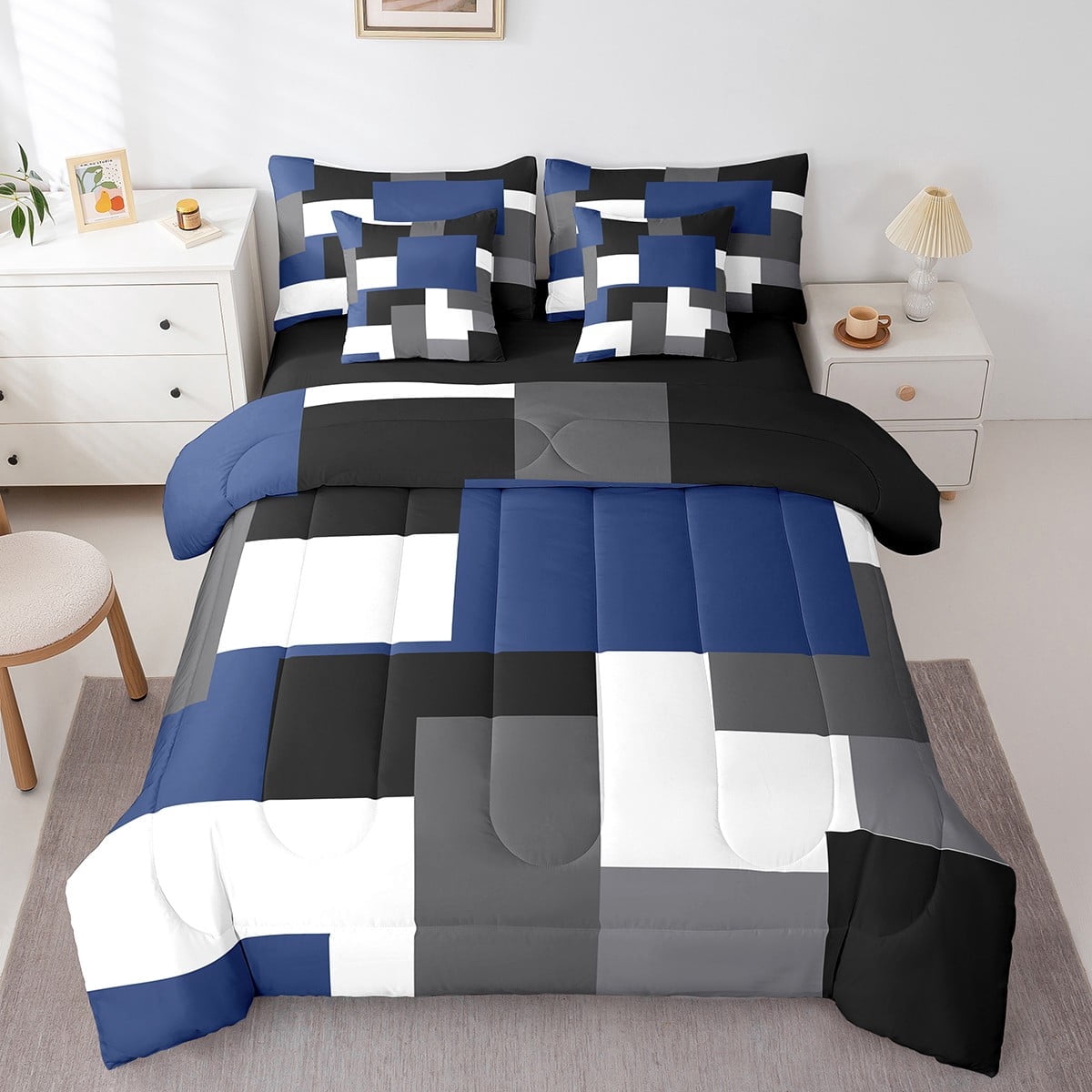 Erosebridal Sqare Plaid Bedding Sets Twin Size,Grey Blue Comforter Sets ...