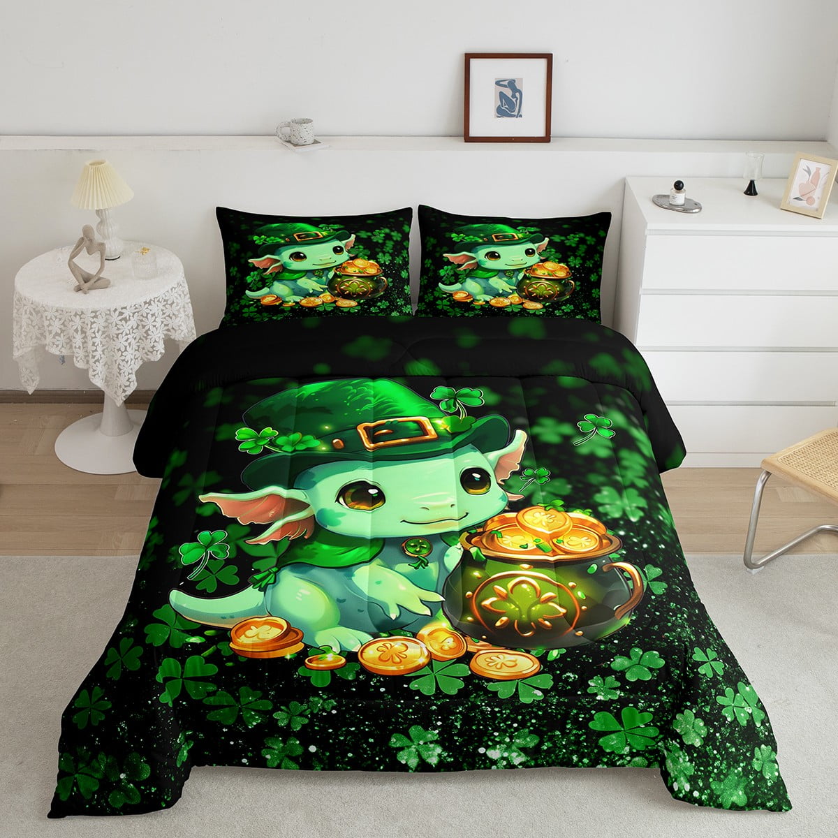 Erosebridal St. Patrick's Day Bedding Queen Comforter Set, Cute Axolotl ...