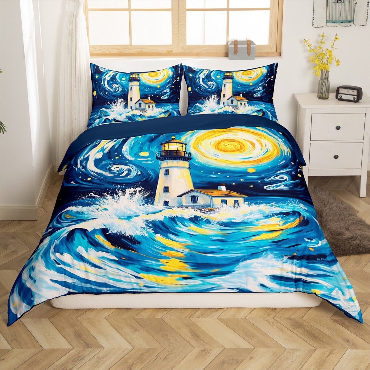 Erosebridal Starry Sky Duvet Cover King,Lighthouse Ocean Wave Bedding ...