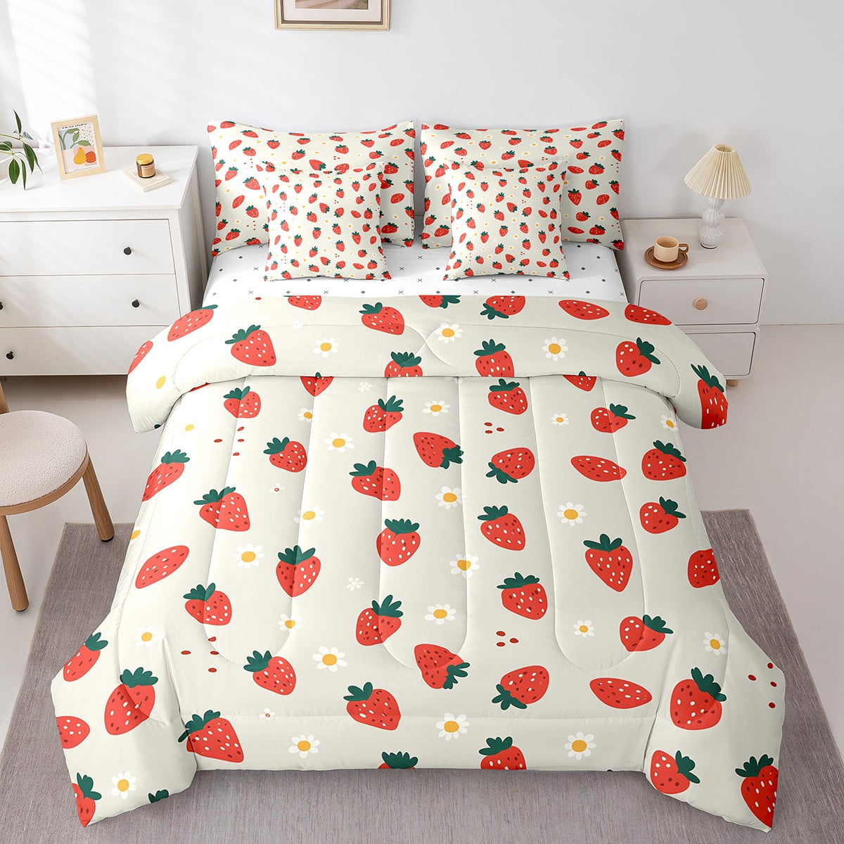 Erosebridal Strawberry Comforter Set Queen 7 Pcs Tropical Fruit Print ...