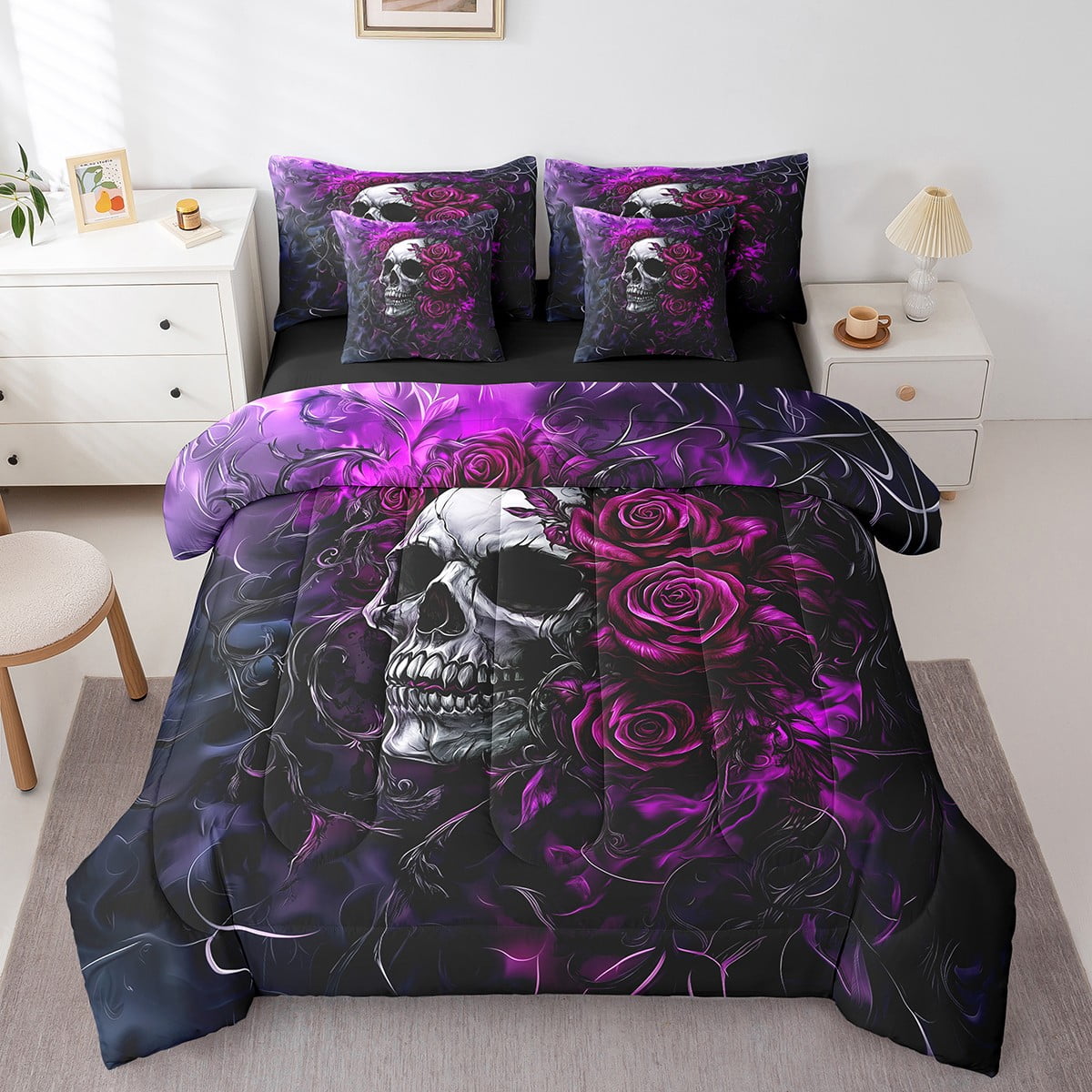 Erosebridal Sugar Skull Comforter Set with Sheets Purple Blue Rose 7 ...