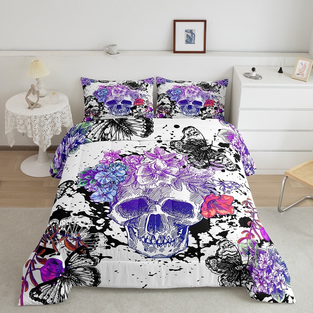 Erosebridal Sugar Skull Full Bed Comforter Set Dead Moth Blue Rose ...
