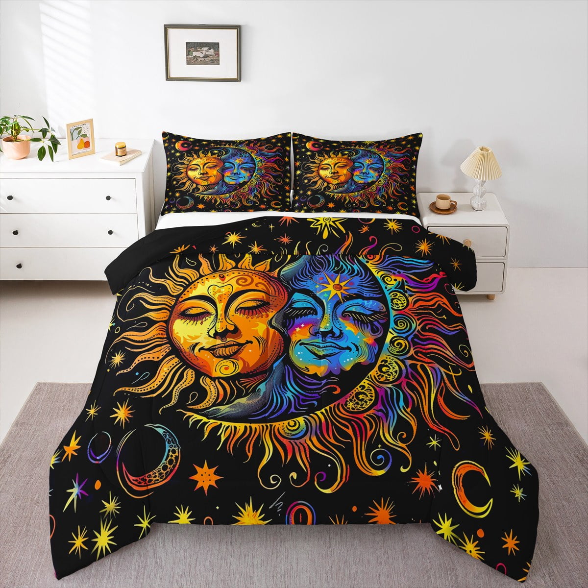 Erosebridal Sun Moon Comforter Sets Toddler Size,Boho Bohemain Floral ...