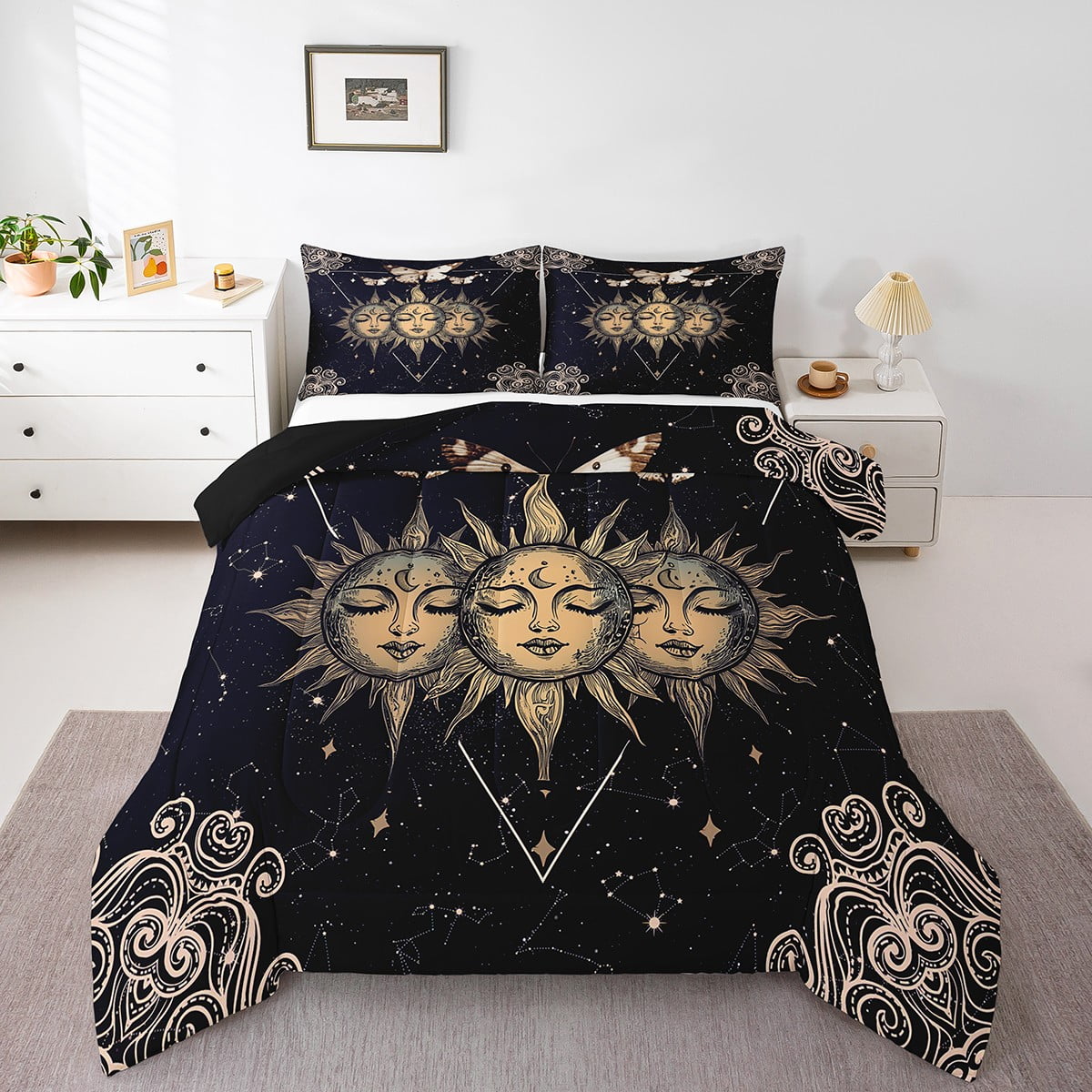 Erosebridal Sun Moon Moth Comforter Sets Queen Size,Bohemian Damask ...