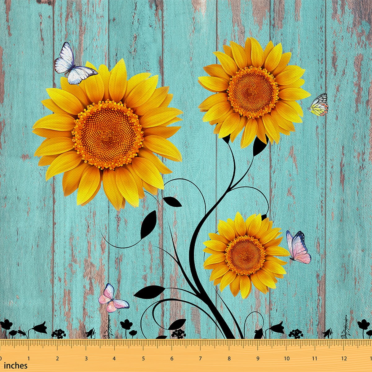 Erosebridal Sunflower Fabric by the Yard,Distressed Blue Wooden Board ...
