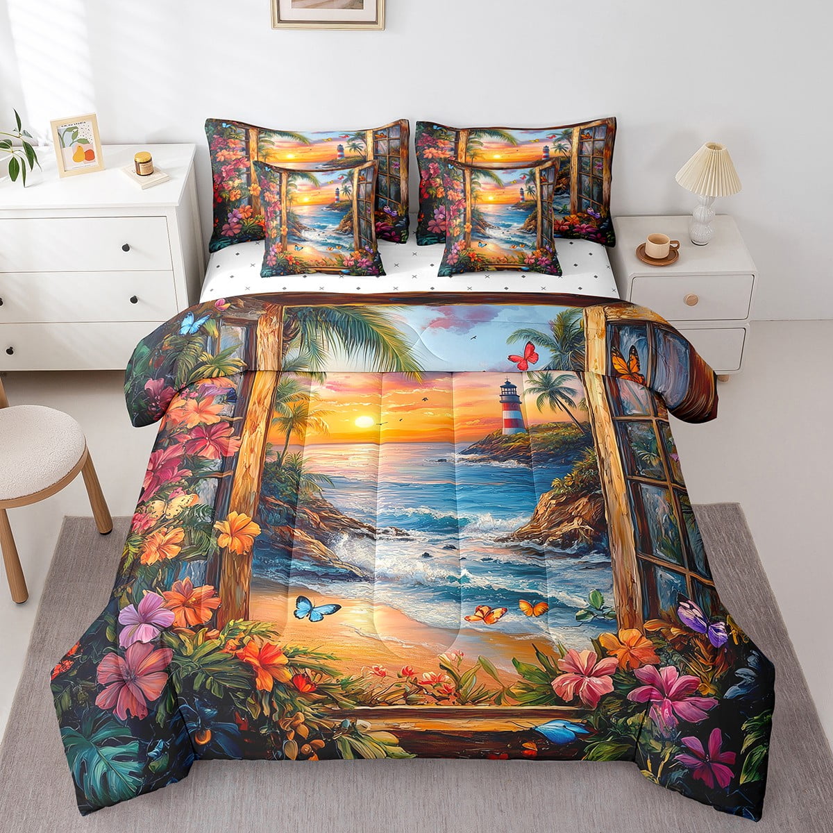 Erosebridal Sunset Flower Lighthouse Bed in a Bag King size,Butterfly ...