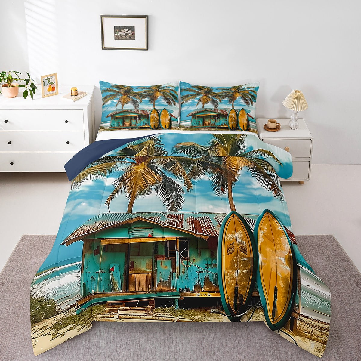 Erosebridal Surfboard Cabin Comforter Sets Queen Size,Palm Tree Bedding ...