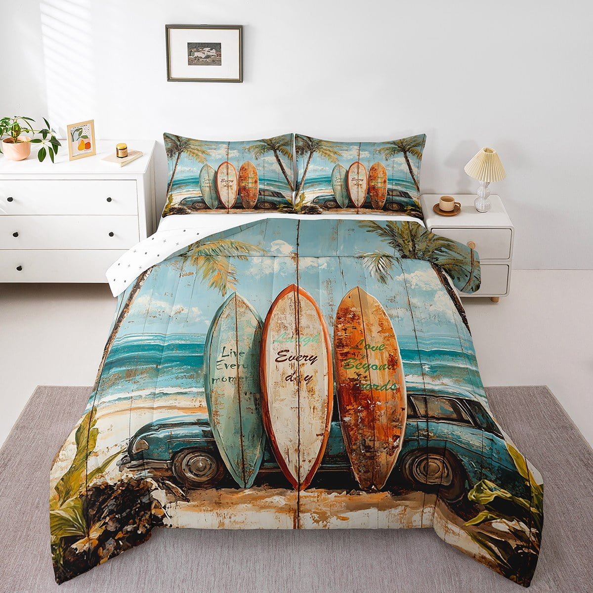Erosebridal Surfboard Comforter Sets Queen Size,Palm Tree Cabin Bedding ...
