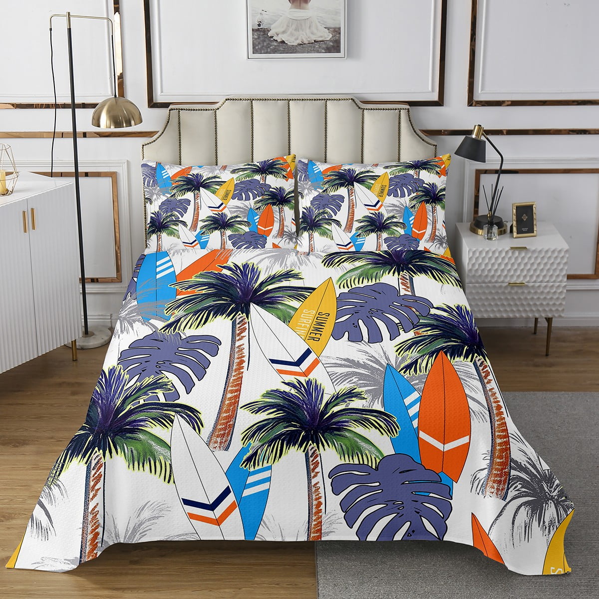 Erosebridal Surfboard Print Coverlet Set King, Tropical Palm Tree ...