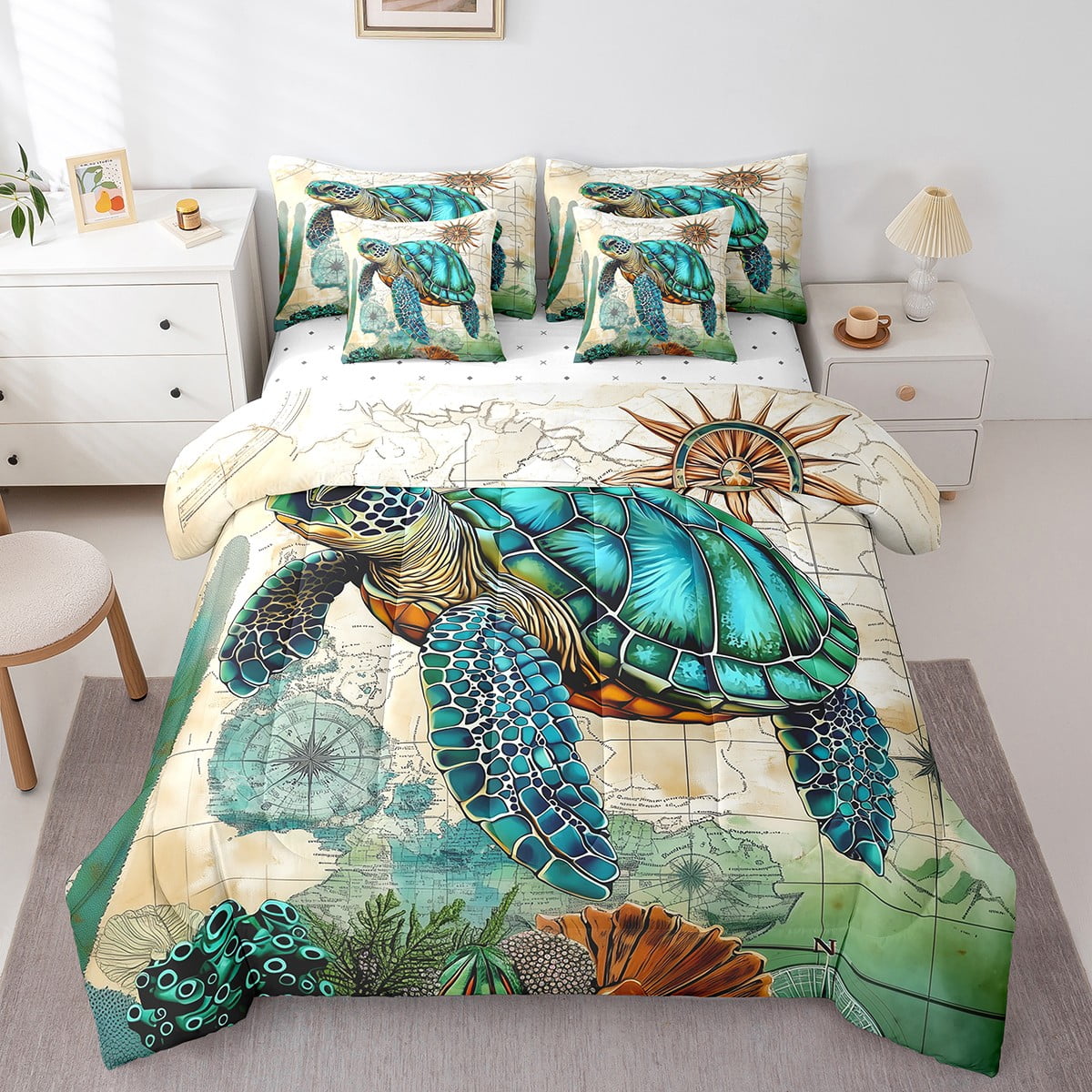 Erosebridal Teal Sea Turtle Bed in a Bag Queen size, Vintage World Map ...