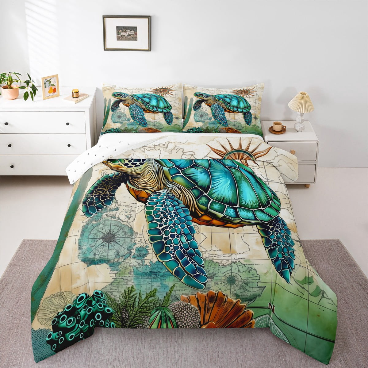 Erosebridal Teal Sea Turtle Comforter Sets Queen Size, Vintage World ...